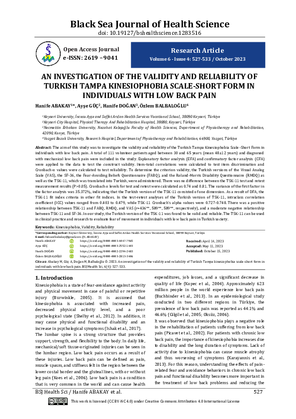 (PDF) An Investigation of the Validity and Reliability of Turkish Tampa ...