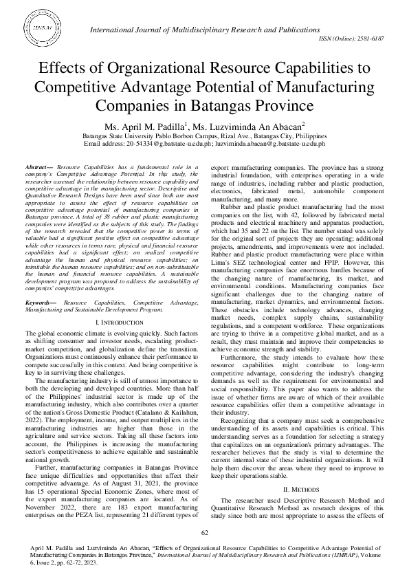 (PDF) Effects of Organizational Resource Capabilities to Competitive Advantage Potential of ...