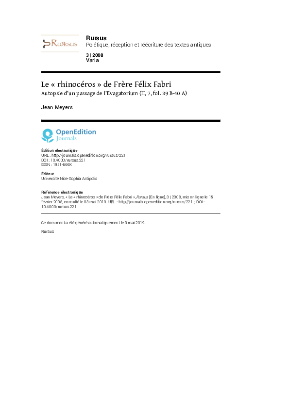 (PDF) Le « rhinocéros » de Frère Félix Fabri
