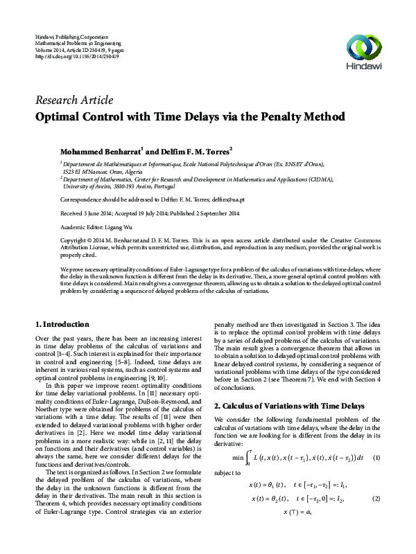 (PDF) Optimal Control with Time Delays via the Penalty Method