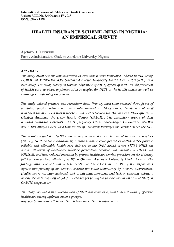 (PDF) HEALTH INSURANCE SCHEME (NHIS) IN NIGERIA: AN EMPIRICAL SURVEY