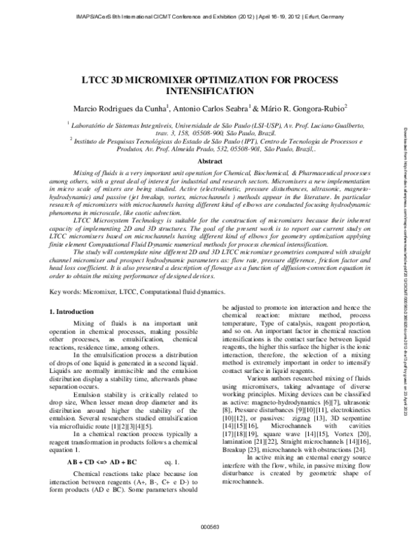 (PDF) LTCC 3D Micromixer Optimization for Process Intensification