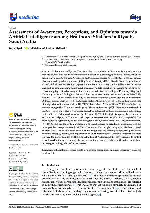 (PDF) Assessment of Awareness, Perceptions, and Opinions towards Artificial Intelligence among ...