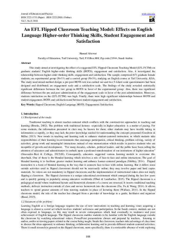 (PDF) An EFL Flipped Classroom Teaching Model: Effects on English Language Higher-order Thinking ...