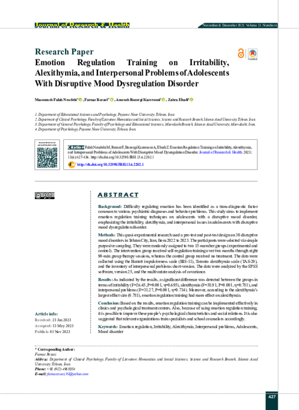 (PDF) Emotion Regulation Training on Irritability, Alexithymia, and ...