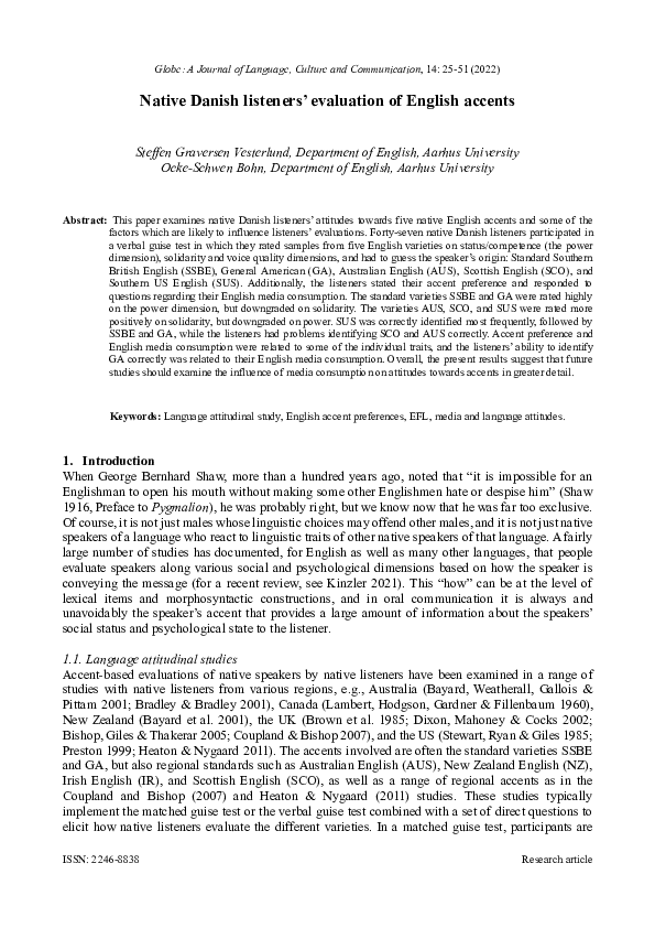 (PDF) Native Danish listeners’ evaluation of English accents | Ocke ...