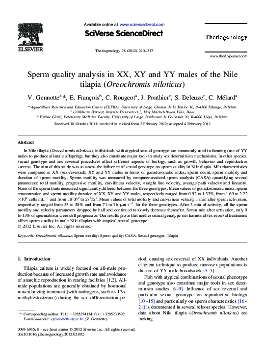 (PDF) Sperm quality analysis in XX, XY and YY males of the Nile tilapia (Oreochromis niloticus)