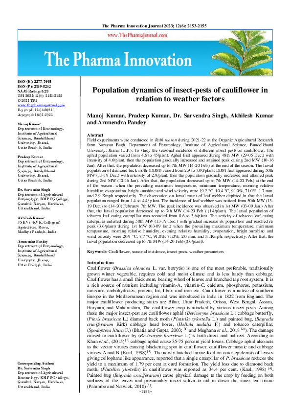 Pdf Population Dynamics Of Insect Pests Of Cauliflower In Relation To Weather Factors