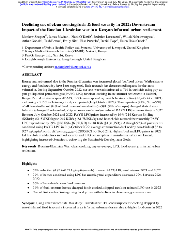 (PDF) Declining use of clean cooking fuels & food security in 2022 ...