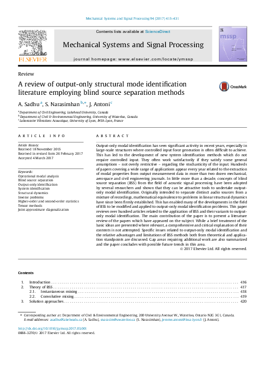 (PDF) A review of output-only structural mode identification literature employing blind source ...