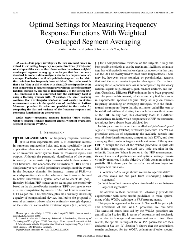 Pdf Optimal Settings For Measuring Frequency Response Functions Withweighted Overlapped