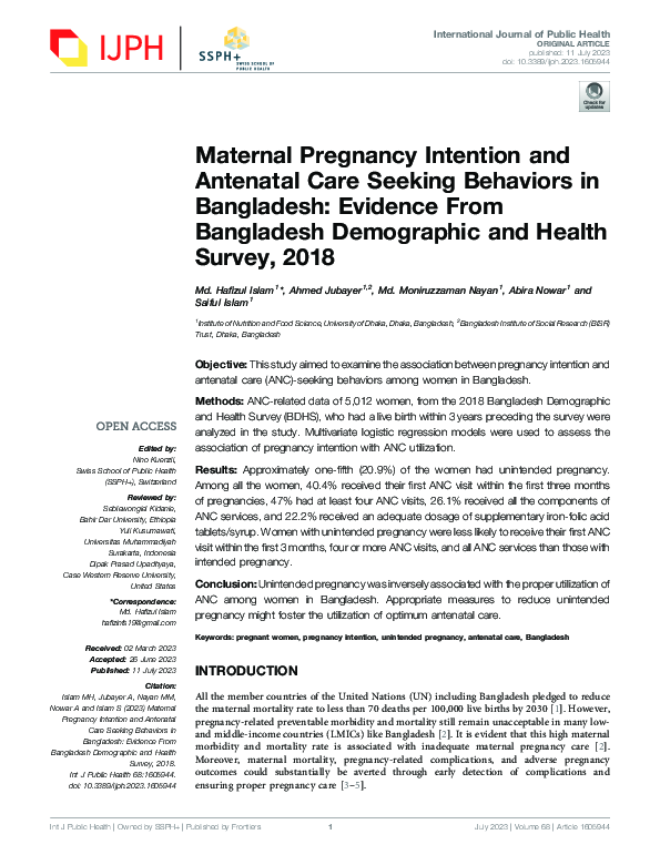 (PDF) Maternal Pregnancy Intention and Antenatal Care Seeking Behaviors ...