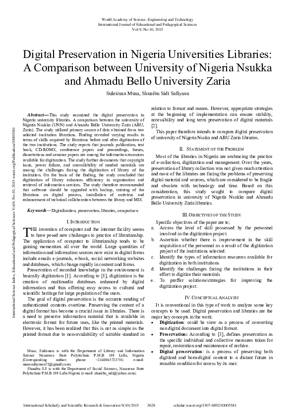 (PDF) Digital Preservation In Nigeria Universities Libraries: A ...