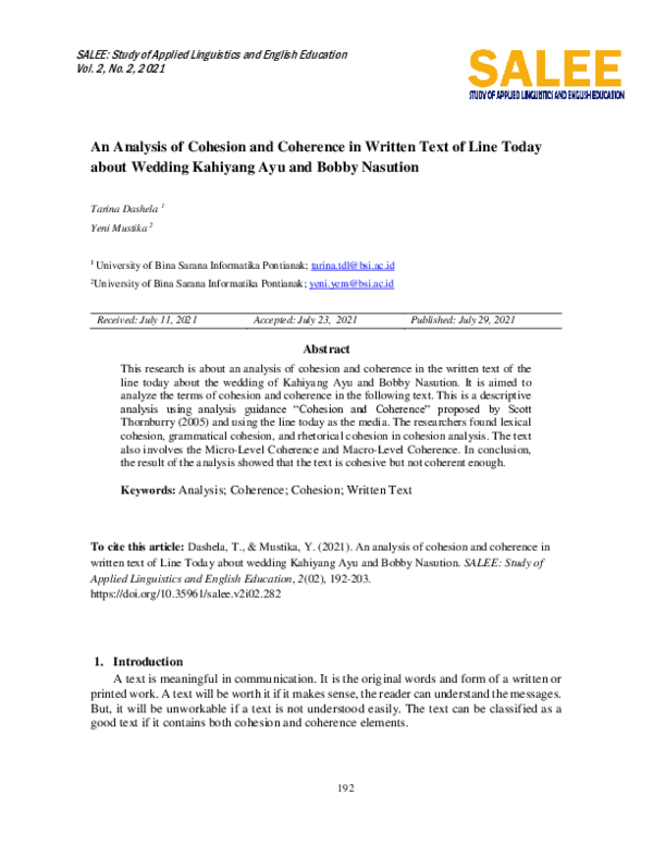 Pdf An Analysis Of Cohesion And Coherence In Written Text Of Line