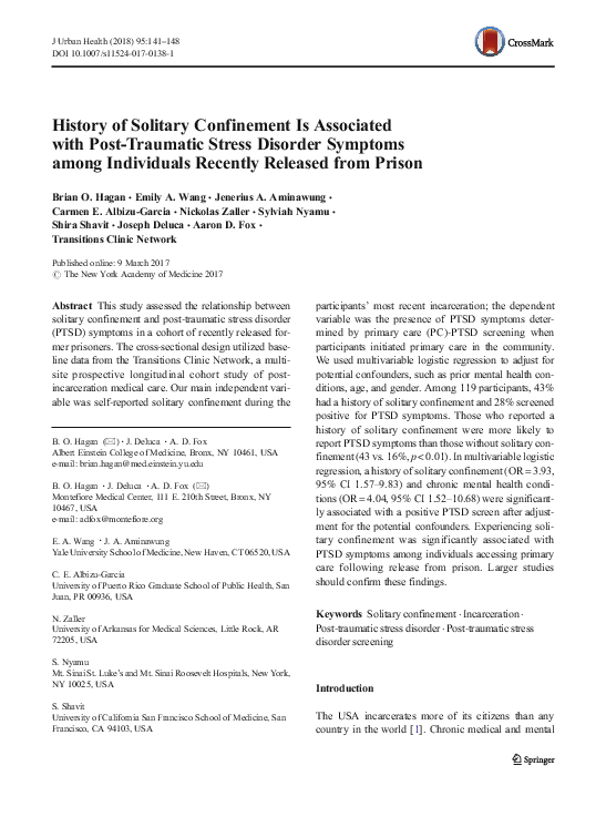(PDF) History of Solitary Confinement Is Associated with Post-Traumatic ...