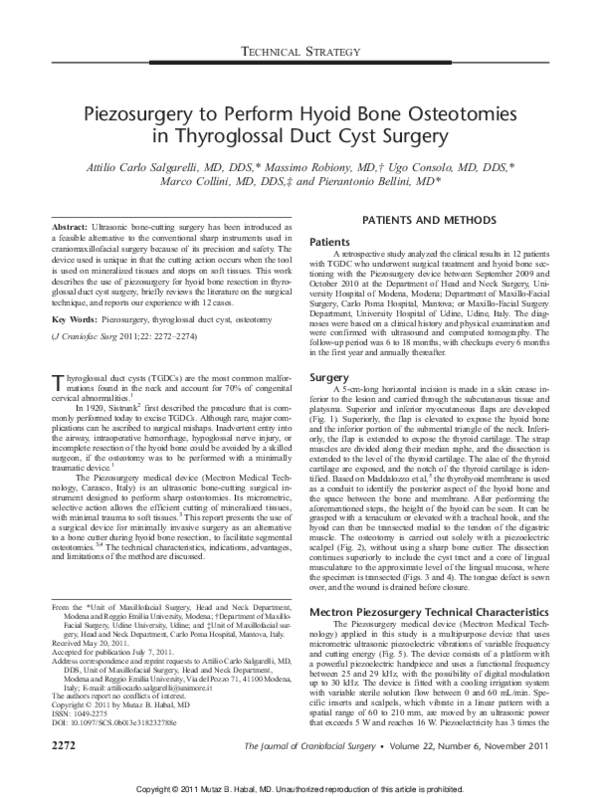 (PDF) Piezosurgery to Perform Hyoid Bone Osteotomies in Thyroglossal ...