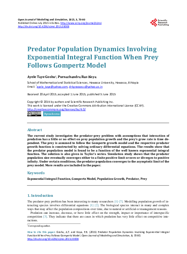 (PDF) Predator Population Dynamics Involving Exponential Integral Function When Prey Follows ...