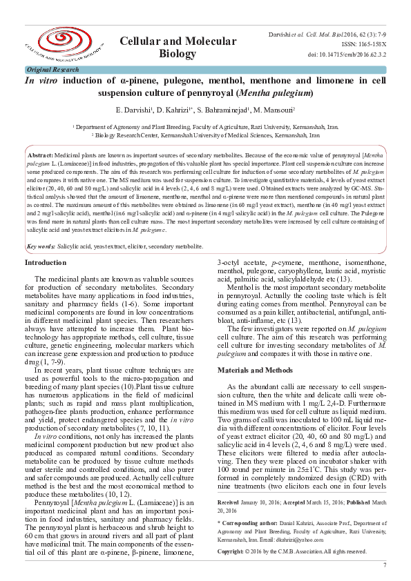 (PDF) In vitro induction of α-pinene, pulegone, menthol, menthone and ...
