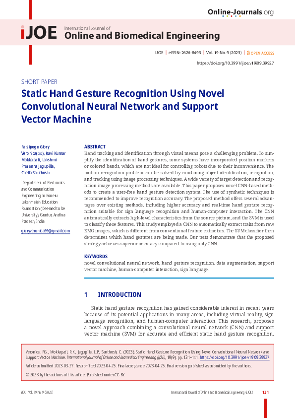 Pdf Static Hand Gesture Recognition Using Novel Convolutional Neural Network And Support