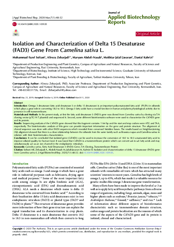 (PDF) Isolation and Characterization of Delta 15 Desaturase (FAD3) Gene ...