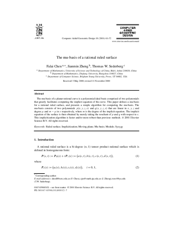 (PDF) The mu-basis of a rational ruled surface | Jianmin Zheng - Academia.edu