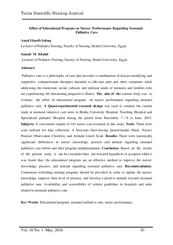 (PDF) Effect of Educational Program on Nurses' Performance Regarding Neonatal Palliative Care