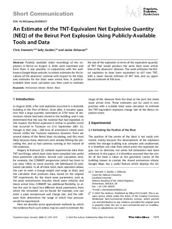 (PDF) An Estimate of the TNT‐Equivalent Net Explosive Quantity (NEQ) of ...