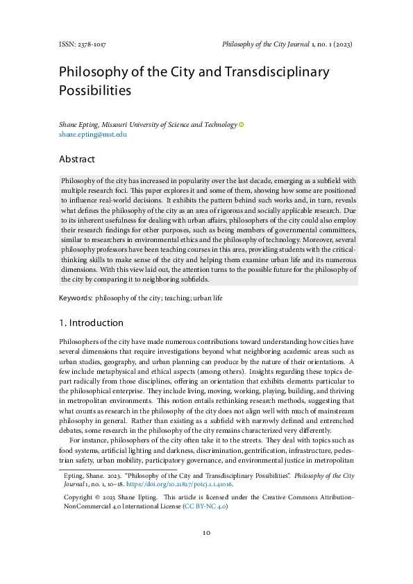 (PDF) Philosophy of the City and Transdisciplinary Possibilities
