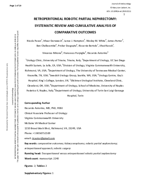 (PDF) Retroperitoneal Robotic Partial Nephrectomy: Systematic Review and Cumulative Analysis of ...