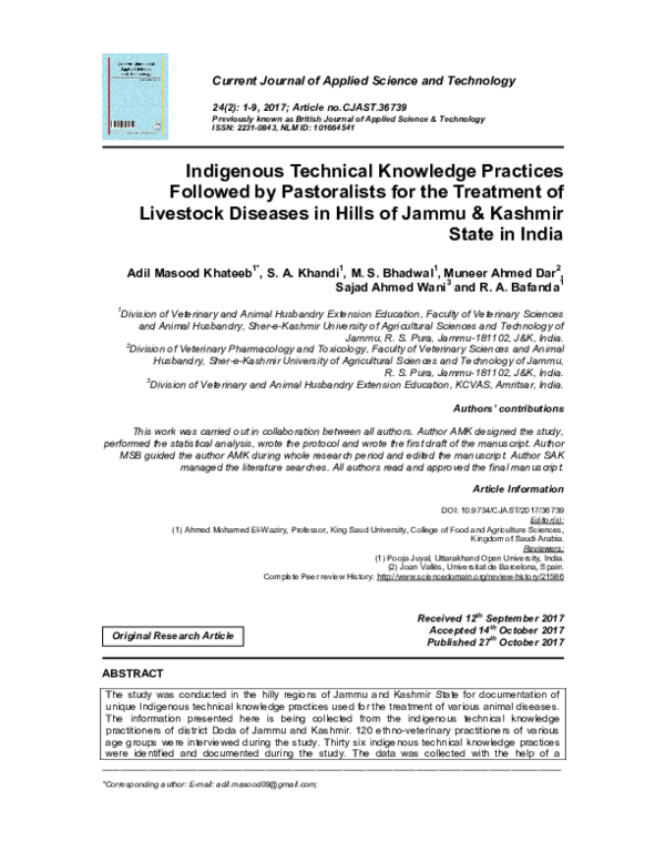 (PDF) Indigenous Technical Knowledge Practices Followed by Pastoralists for the Treatment of ...
