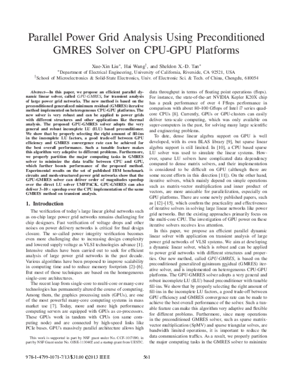 Pdf Parallel Power Grid Analysis Using Preconditioned Gmres Solver On Cpu Gpu Platforms