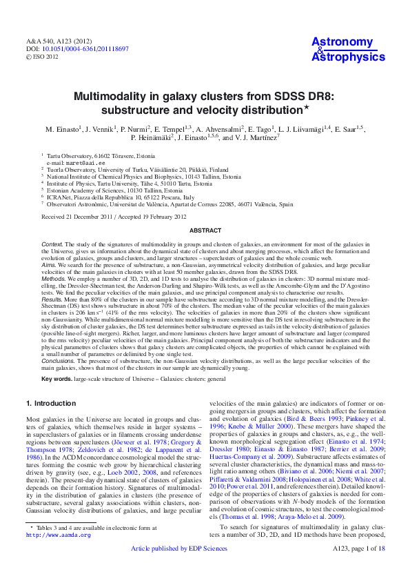 (PDF) Multimodality in galaxy clusters from SDSS DR8: substructure and ...
