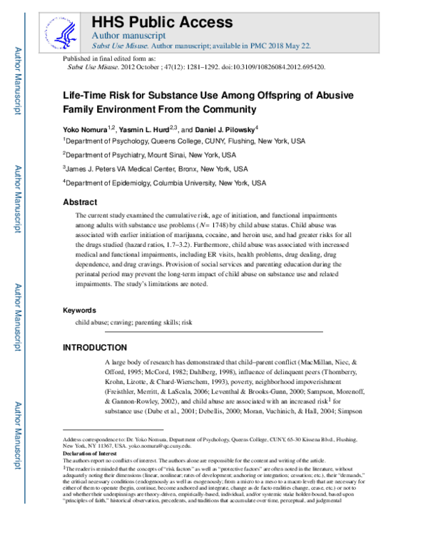 (PDF) Life-Time Risk for Substance Use Among Offspring of Abusive ...