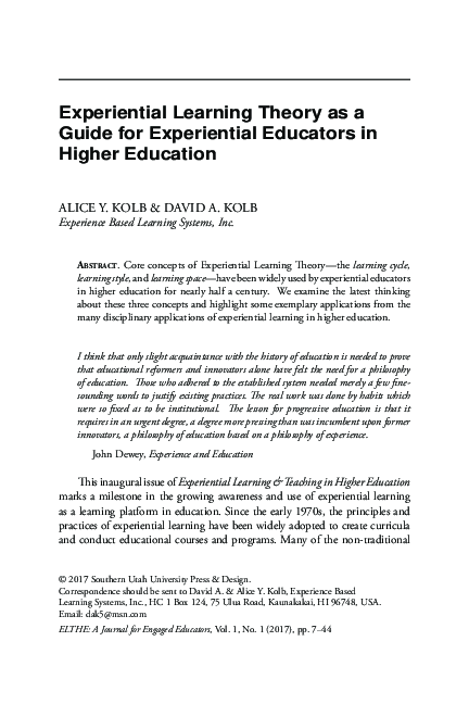(PDF) Experiential Learning Theory as a Guide for Experiential Educators in Higher Education
