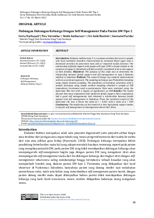 (PDF) Hubungan Dukungan Keluarga Dengan Self Management Pada Pasien DM Tipe 2