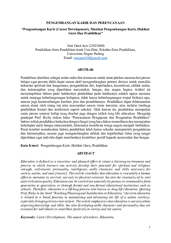 (PDF) PENGEMBANGAN KARIR DAN PERENCANAAN (PDF) PENGEMBANGAN KARIR DAN PERENCANAAN