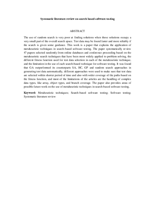 Pdf Systematic Literature Review On Search Based Software Testing