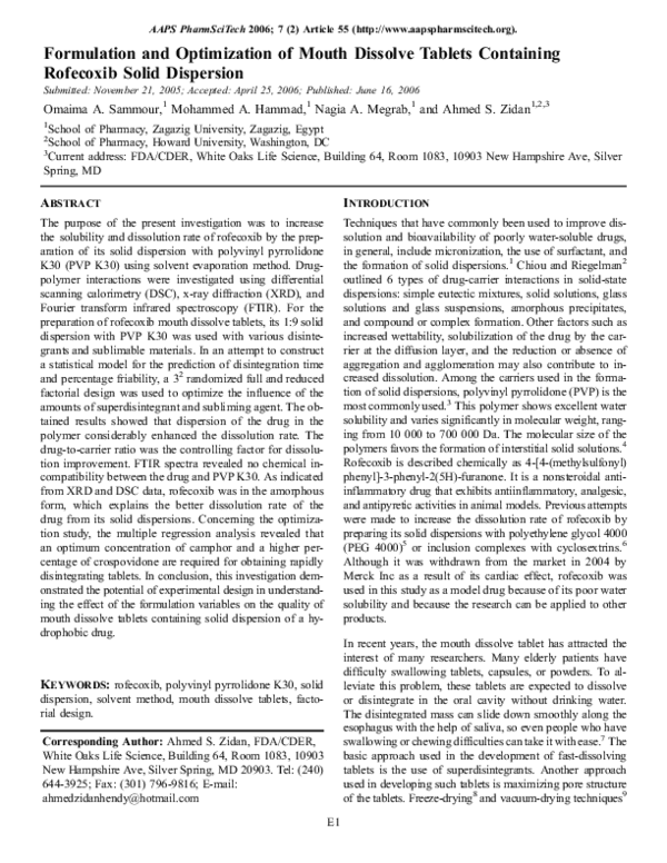 Pdf Formulation And Optimization Of Mouth Dissolve Tablets Containing Rofecoxib Solid Dispersion