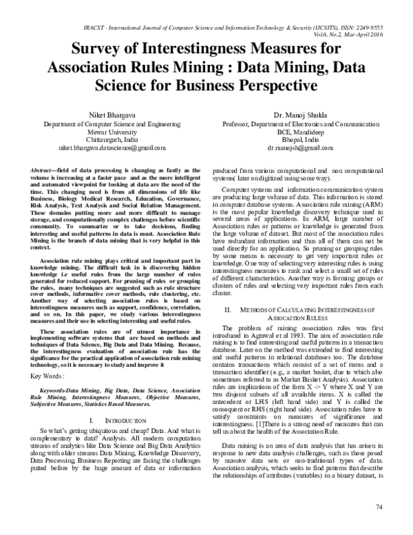 Pdf Survey Of Interestingness Measures For Association Rules Mining Data Mining Data