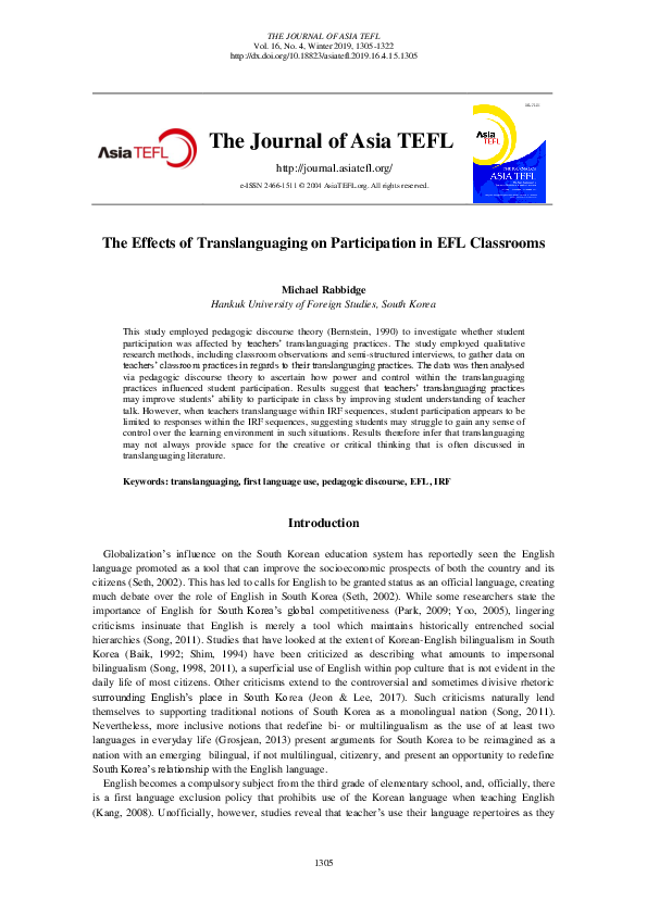 (PDF) The Effects of Translanguaging on Participation in EFL Classrooms