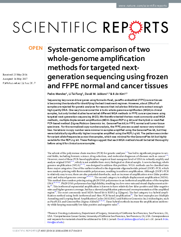 (PDF) Systematic comparison of two whole-genome amplification methods for targeted next ...