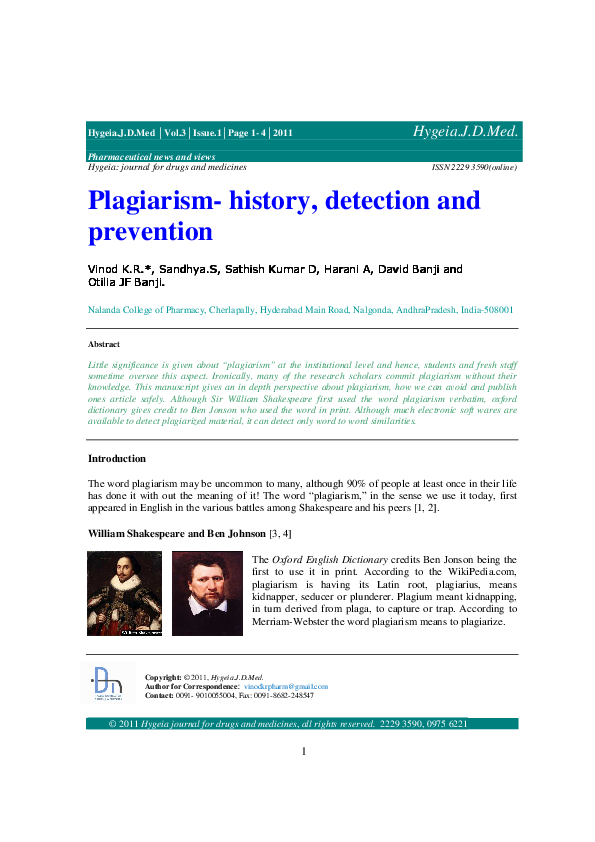 (PDF) Plagiarism- history, detection and prevention