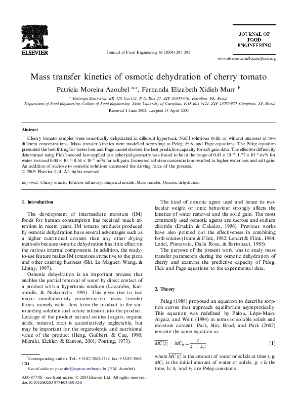 (PDF) Mass transfer kinetics of osmotic dehydration of cherry tomato