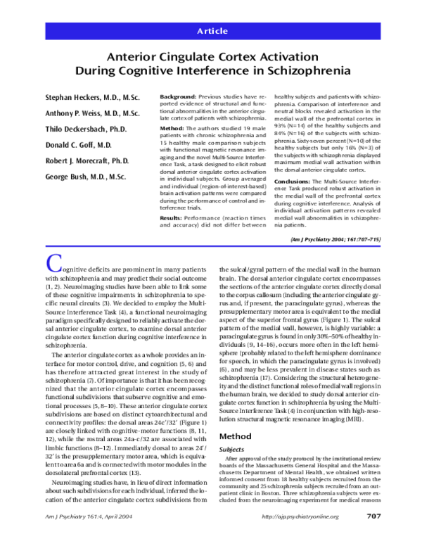 (PDF) Anterior Cingulate Cortex Activation During Cognitive Interference in Schizophrenia