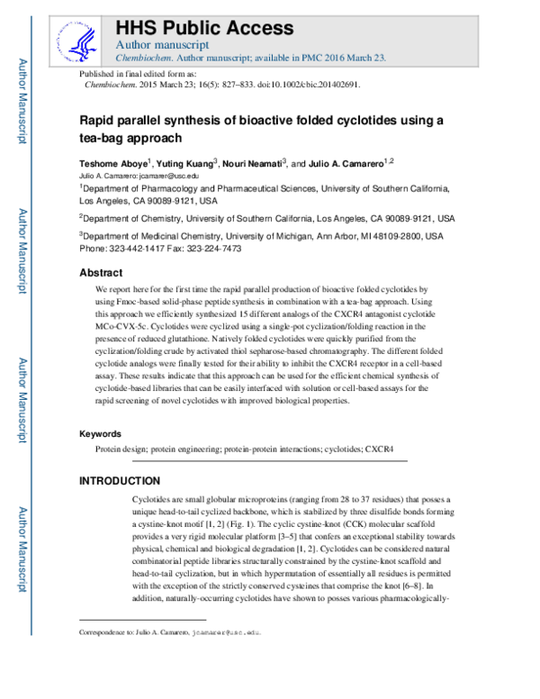 (PDF) Rapid Parallel Synthesis of Bioactive Folded Cyclotides by Using ...