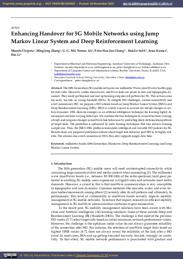 (PDF) Enhancing Handover for 5G Mobile Networks using Jump Markov Linear System and Deep ...