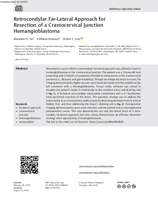 (PDF) Retrocondylar Far-Lateral Approach for Resection of a Craniocervical Junction Hemangioblastoma