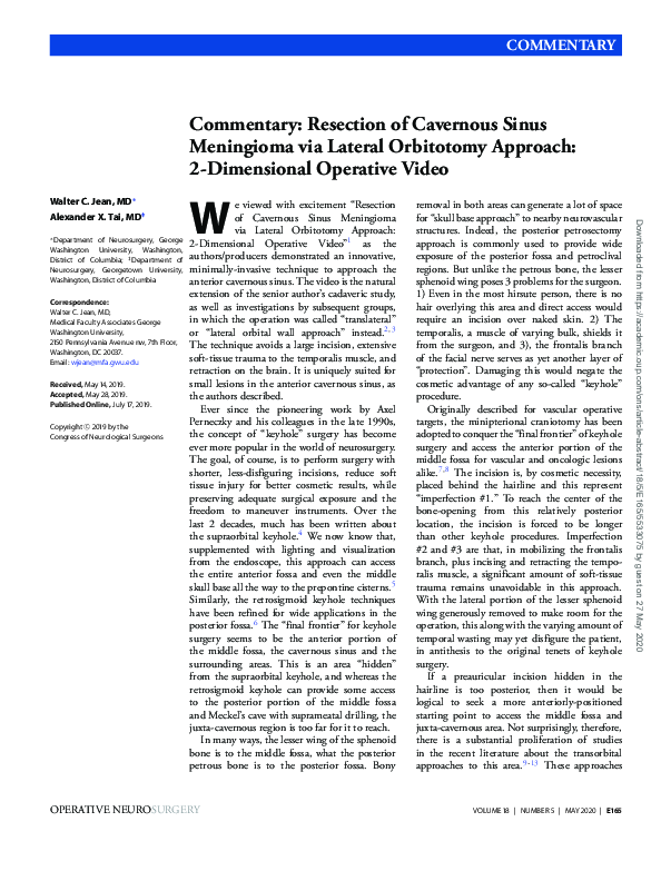 (PDF) Commentary: Resection of Cavernous Sinus Meningioma via Lateral ...
