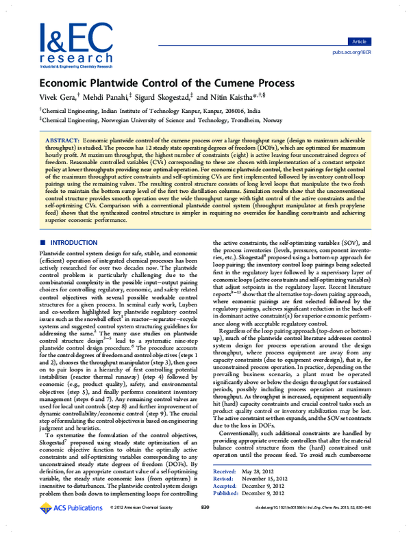(PDF) Economic Plantwide Control of the Cumene Process | Mehdi Panahi ...