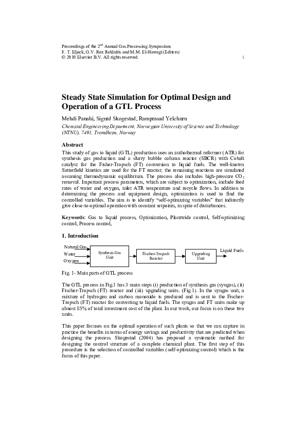 (PDF) Steady State Simulation for Optimal Design and Operation of a GTL ...